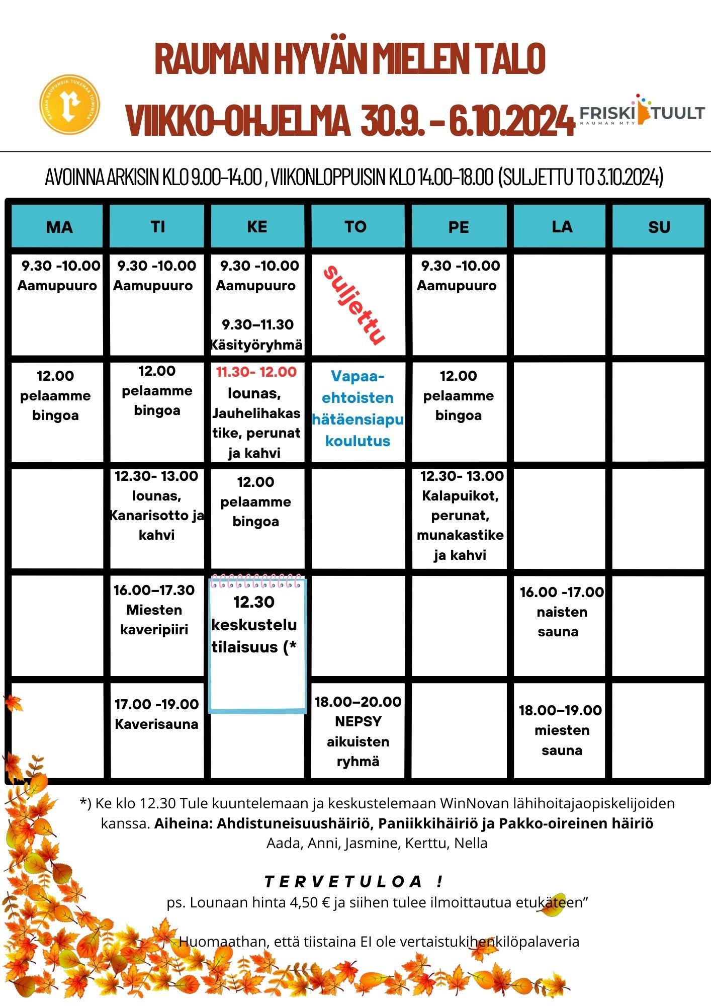 Viikko-ohjelma 30.9.-6.10.2024 - Rauman MTY Friski Tuult ry