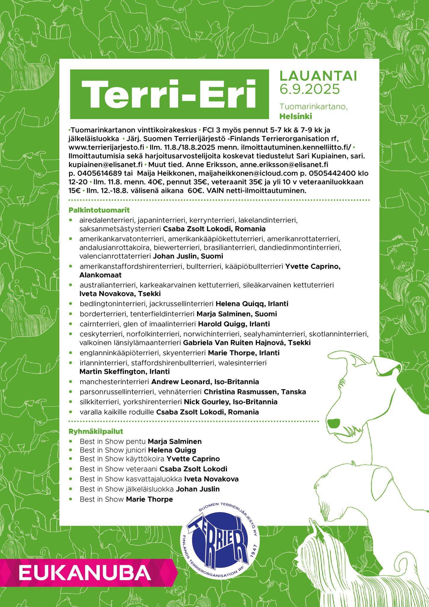 Terri-Erin 2025 tuomarit on julkaistu - Kerry- ja vehnäterrierikerho